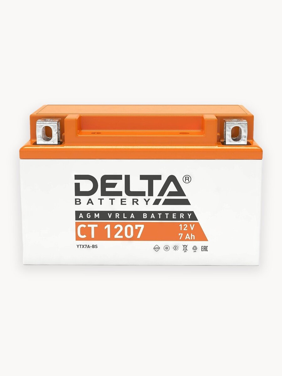 Мото аккумулятор стартерный Delta CT 1207 12В 7Ач прямая полярность 105А (12V 7Ah) (YTX7A-BS) AGM, для мотоцикла, мопеда, скутера, квадроцикла, снегохода, дизельных бензиновых генераторов