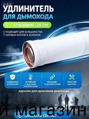 Удлинитель коаксиальный 60х100-200 мм, Алюм./Алюм, толщина 1.0/1.1 мм, труба дымохода для газового котла