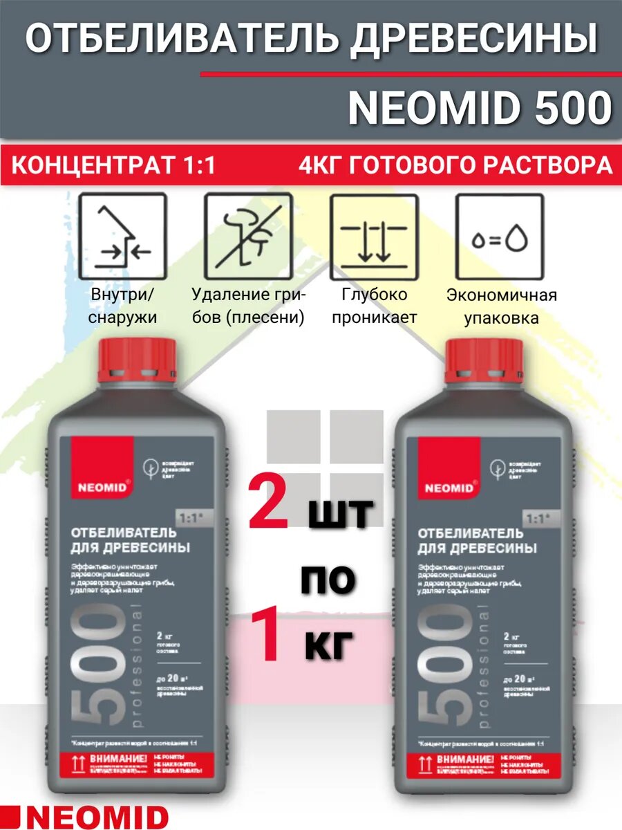 Отбеливатель для древесины NEOMID 500, 2кг концентрат 1:1 (4кг готового раствора) неомид 500