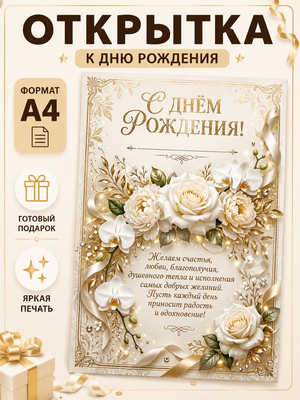 Открытка А4 С Днём Рождения с розами и орхидеями