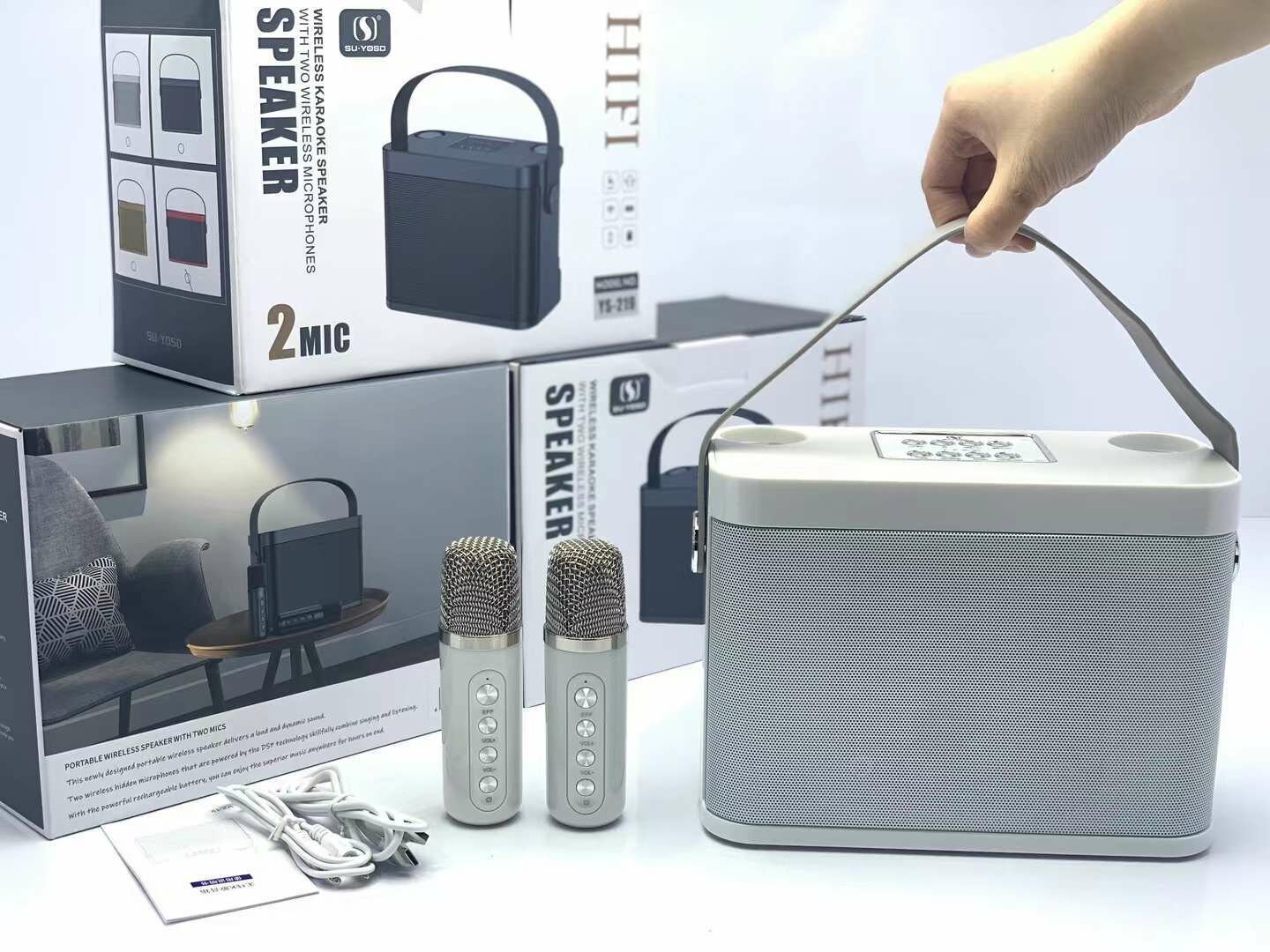 Караоке-система YS-219 портативная, беспроводной динамик, два микрофона (белый)