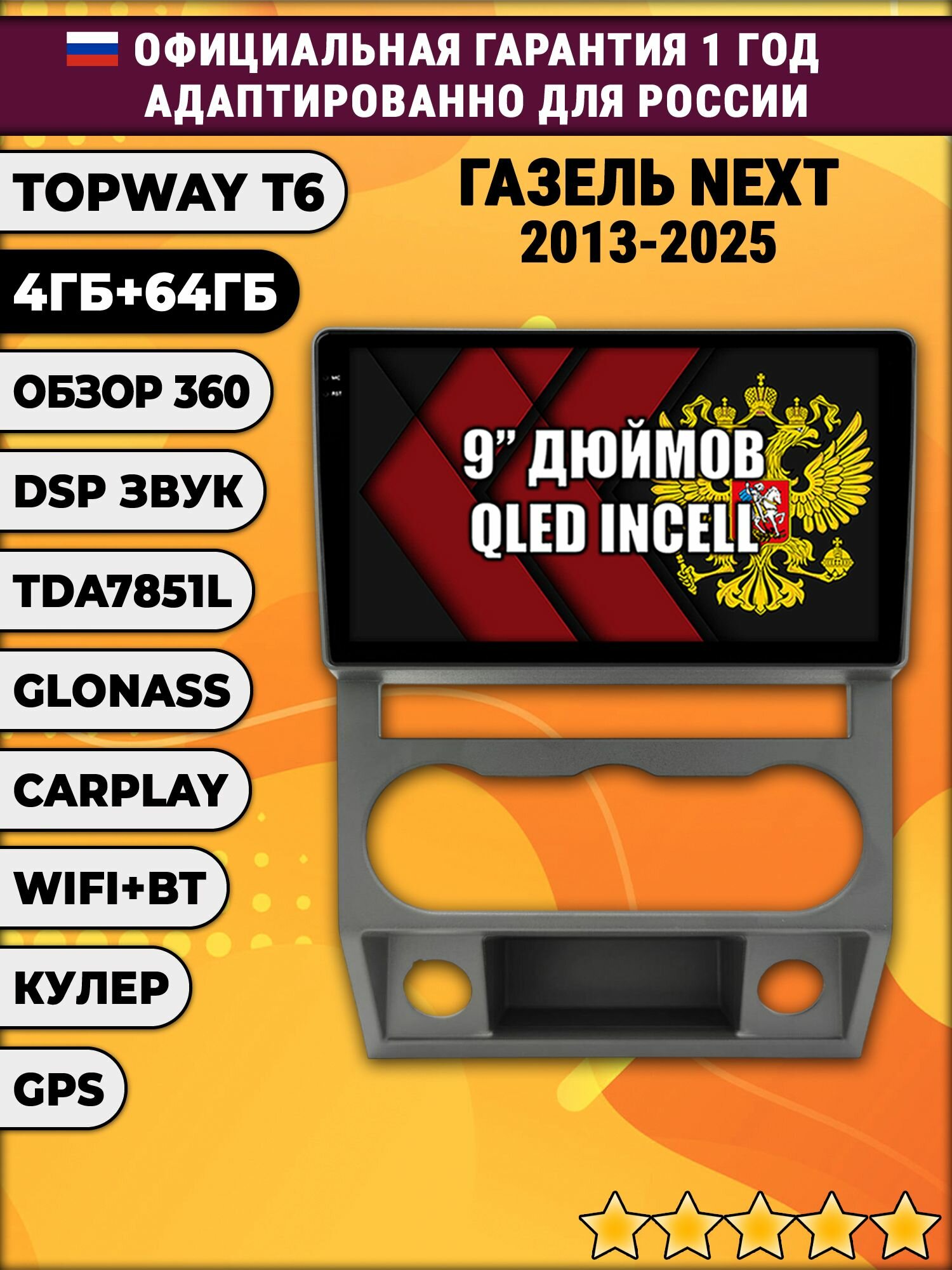 4гб+64гб с DSP для Газель Некст (Next 2013 2014 2015 2016 2017 2018 2019 2020 2021 2022 2023 2024 2025), Android автомагнитола, без слота под симку, усилитель звука TDA7851 и поддержка 360 камер