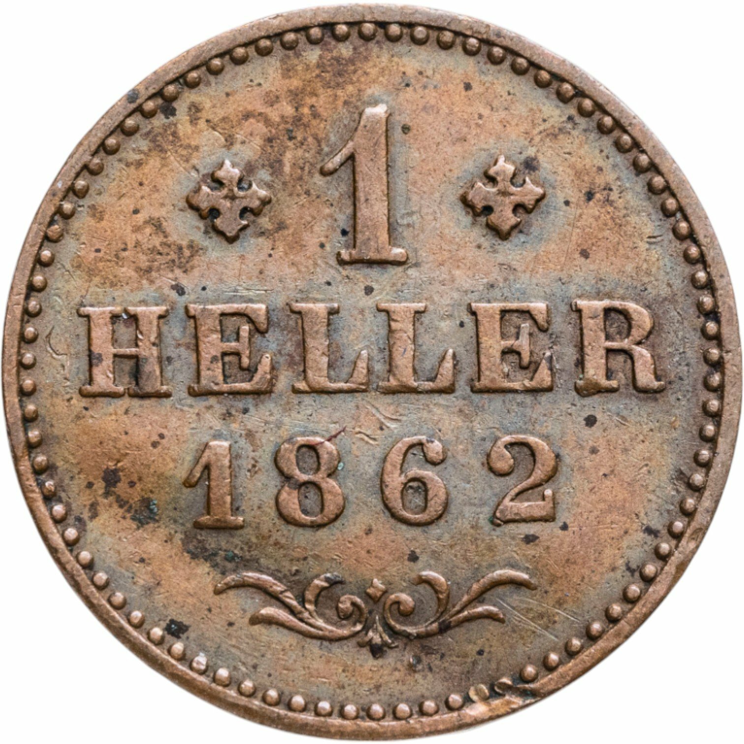 Германия, Франкфурт 1 геллер 1862, Медь, в сохранности VF-XF