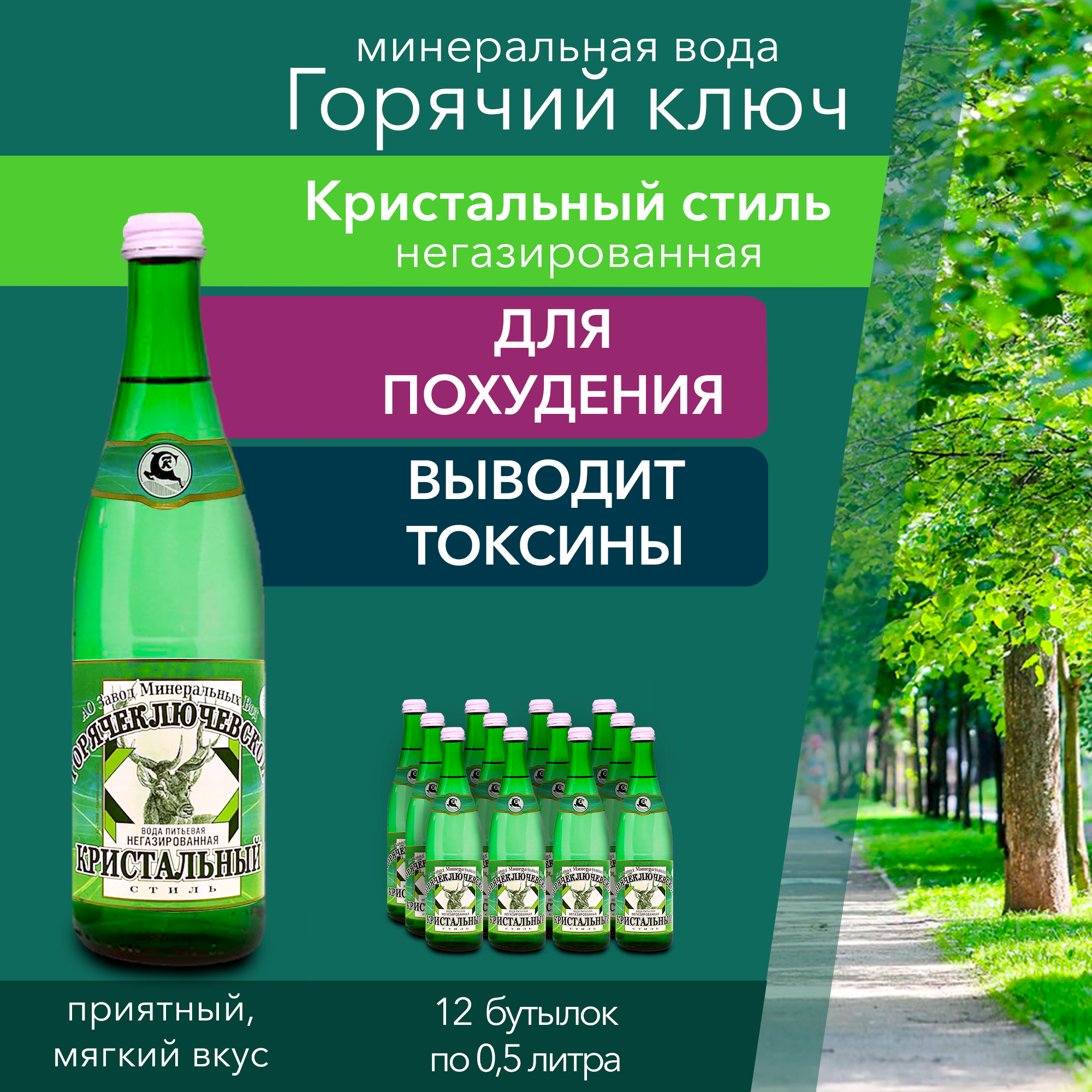 Вода Горячий Ключ Кристальный стиль. Объем 0.5л*12 в стекле. Вода минеральная питьевая негазированная природная