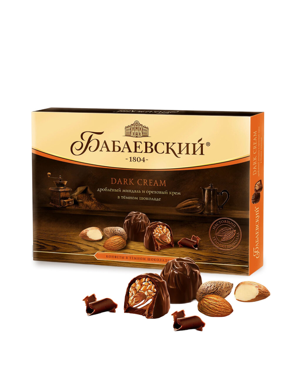 Конфеты в коробке Бабаевский Dark Cream дробленый миндаль-ореховый крем 200г 1шт