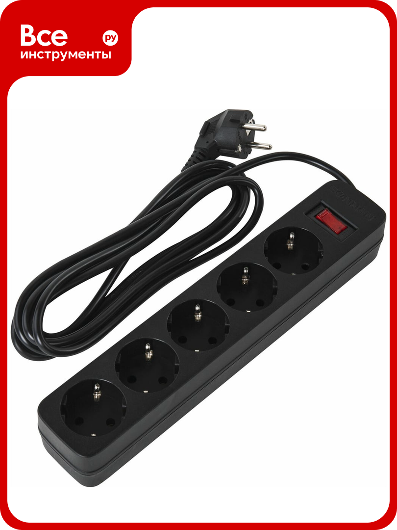 Сетевой фильтр SONNEN spb-305, 5 розеток с заземлением, выключатель, 10 а, 3 м, черный, 513657