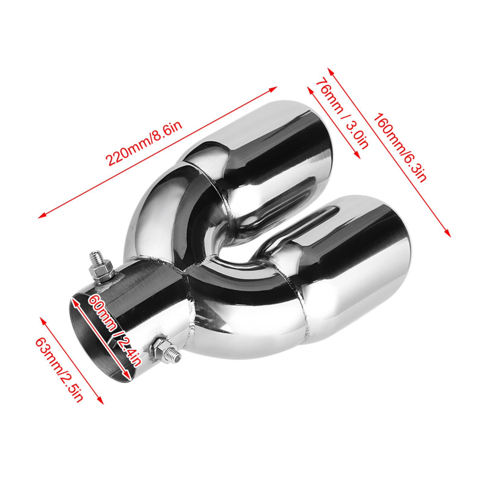 Выпускные трубы выхлопной системы автомобиля двойные из нержавеющей стали 201, насадки на глушитель, диаметр входа внешний 63мм, внутренний 60мм, выход внешний 76мм, длина 220мм и 160мм, цвет яркий серебр, 1 шт.