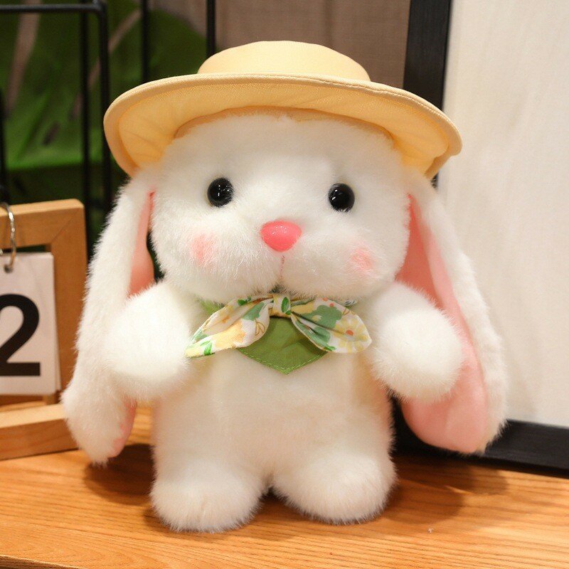 Cute customizable white rabbit plush toy with hat ideal for kids and lovely home decor