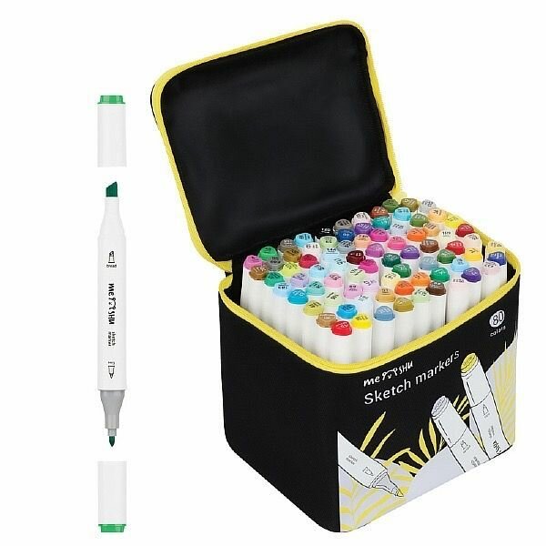 Набор двусторонних маркеров для скетчинга MESHU 80цв, основные цвета, корпус трехгранный, пулевид./клиновид. наконечники, текстильный чехол на молнии