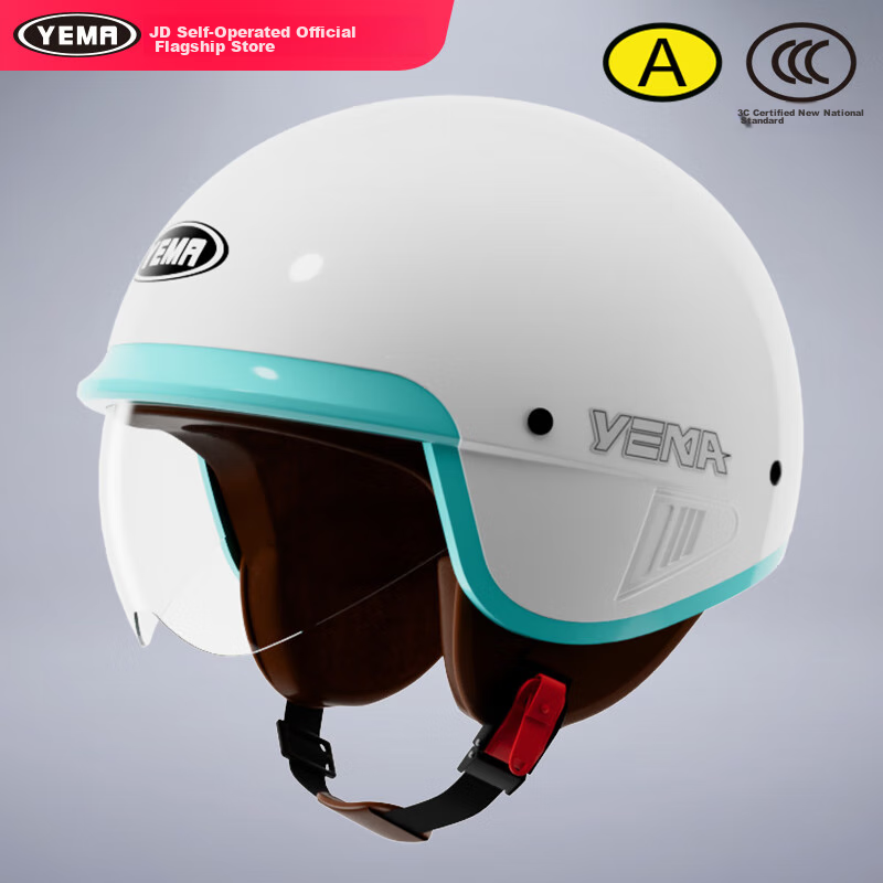 YEMA Helmet, 3C Certified, New National Standard Class A 656S, Unisex, Suitable for Autumn, Winter, And All Seasons, for Electric Bikes, Motorcycles, And Motorcycles, Safety Helmet, Half Helmet, Ceramic White with Clear Short Visor