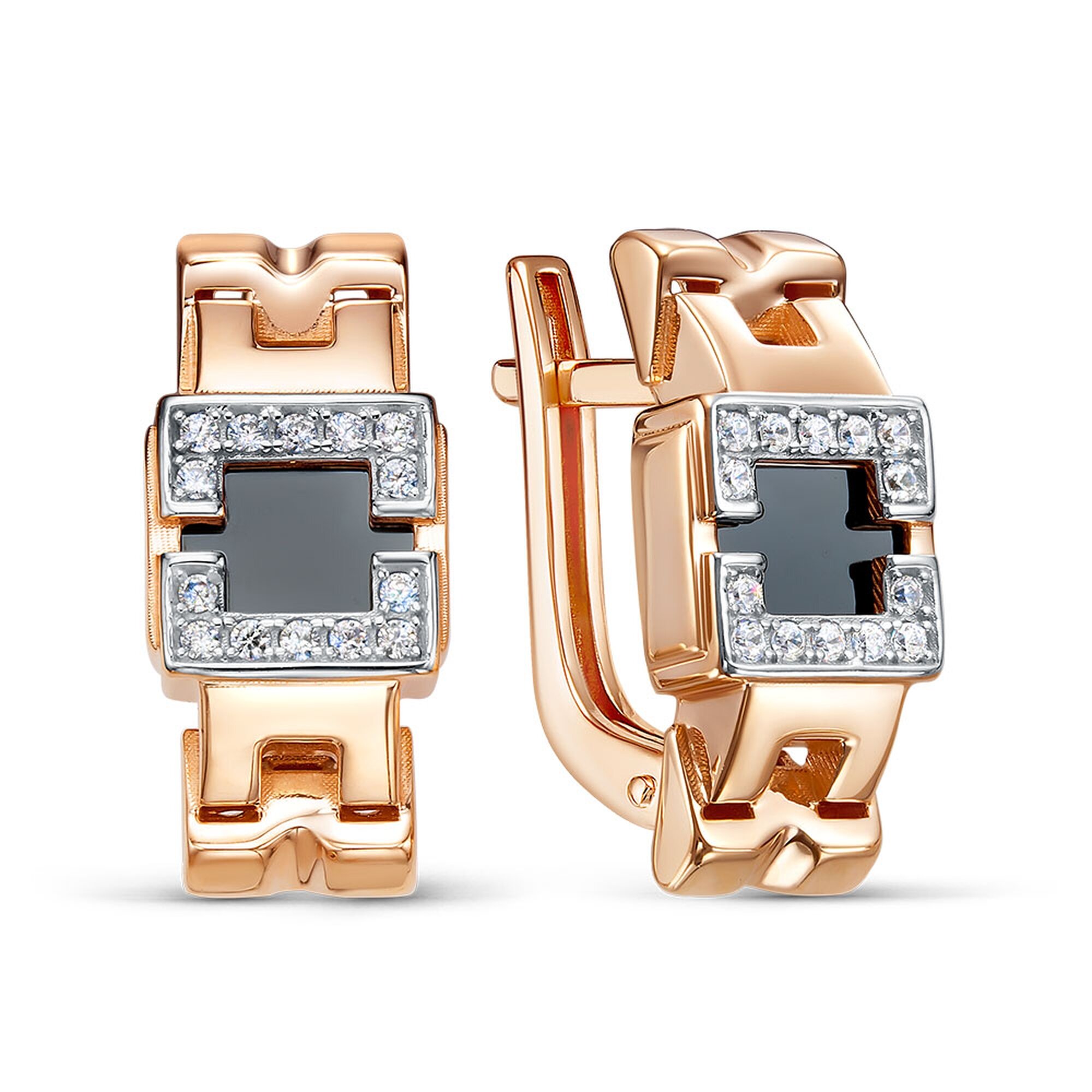 Серьги, красное золото, 585 проба, фианит, оникс