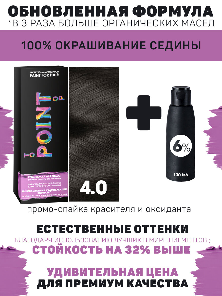 POINT. Промо Краска для волос для проф. прим, тон №4.0, Шатен + 6% оксид, 100/100мл*