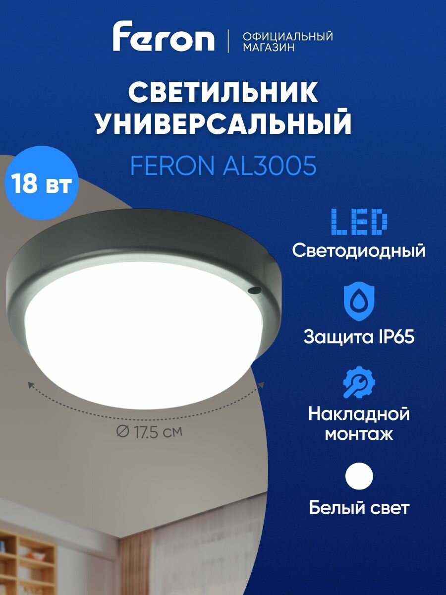 Светильник потолочный светодиодный накладной, 18Вт 4000K IP65, круглый, Feron AL3005 51471