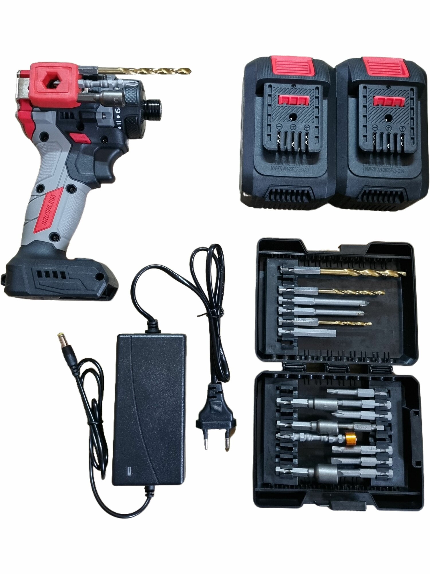 Шуруповерт Nanwei, с набором, 2 скорости, 55 Нм, черно-серый