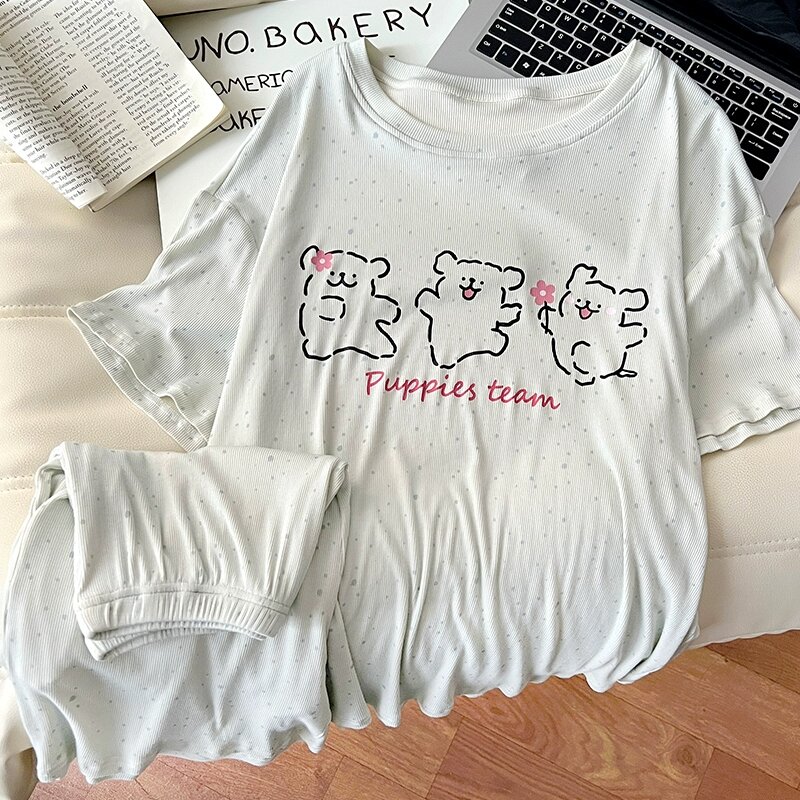 Супер милый свитер с изображением щенка, модальный хлопок, пижама, женская летняя, шорты с короткими рукавами, комплект из двух предметов, можно носить летом на улицу, тонкий