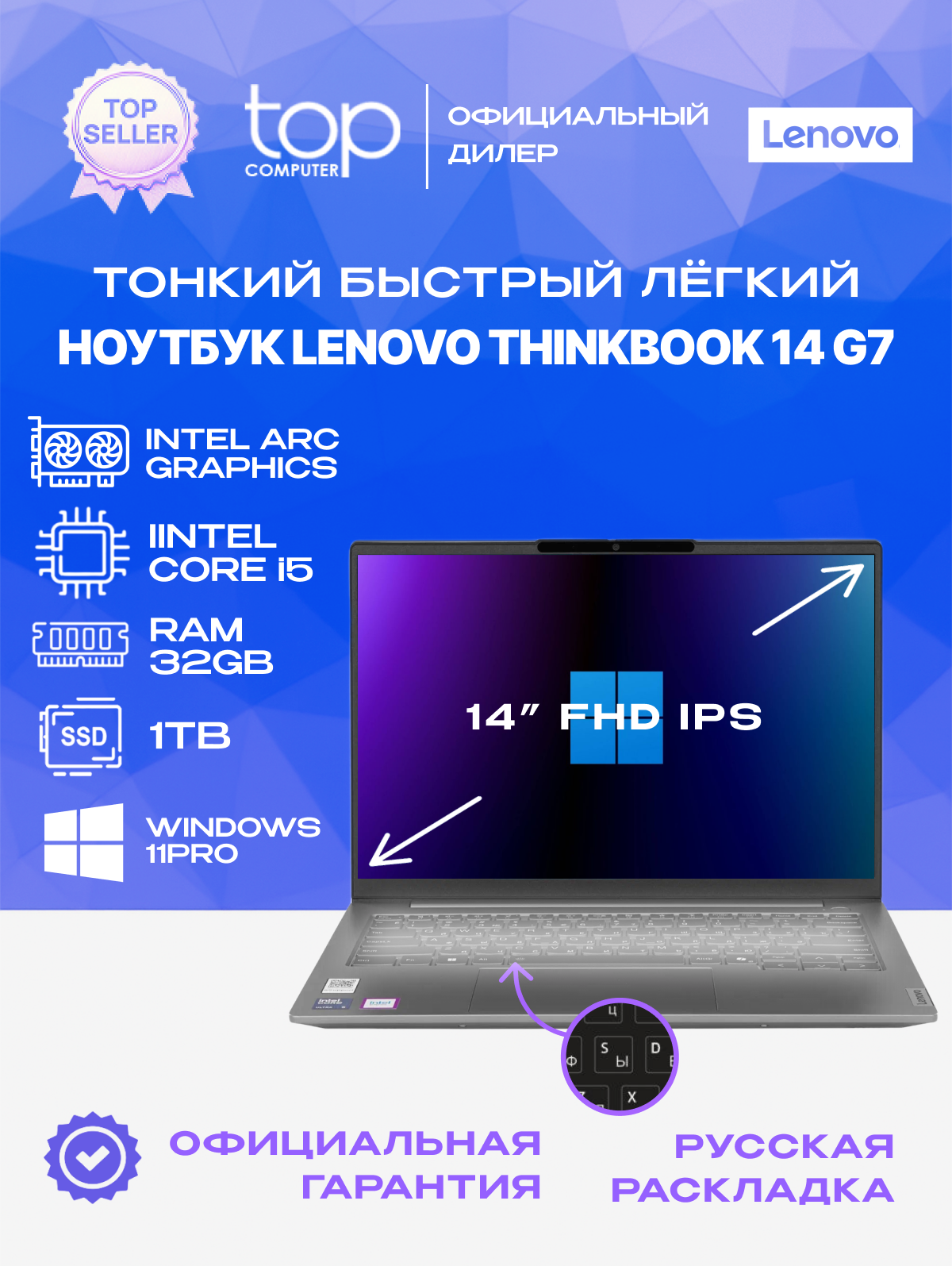 Ноутбук Lenovo ThinkBook 14 G7 IML 14.0"WUXGA IPS/Ultra 5 125H/32GB/1TB SSD/WIN11PRO/Backlit