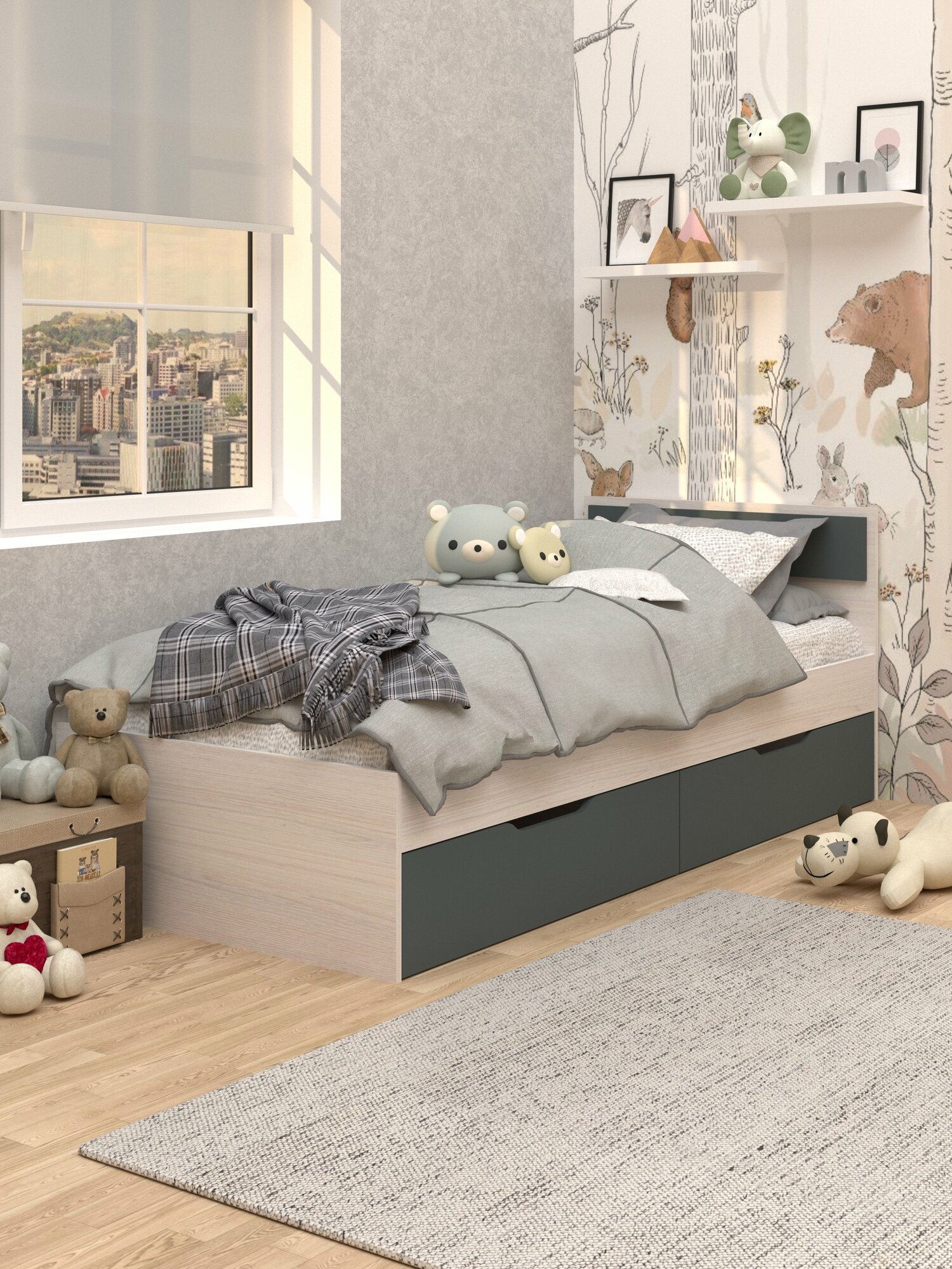 Есэндвич Монако Кровать 90х200 односпальная 203х78х93 см (Анкор белый/Базальт) с ящиками