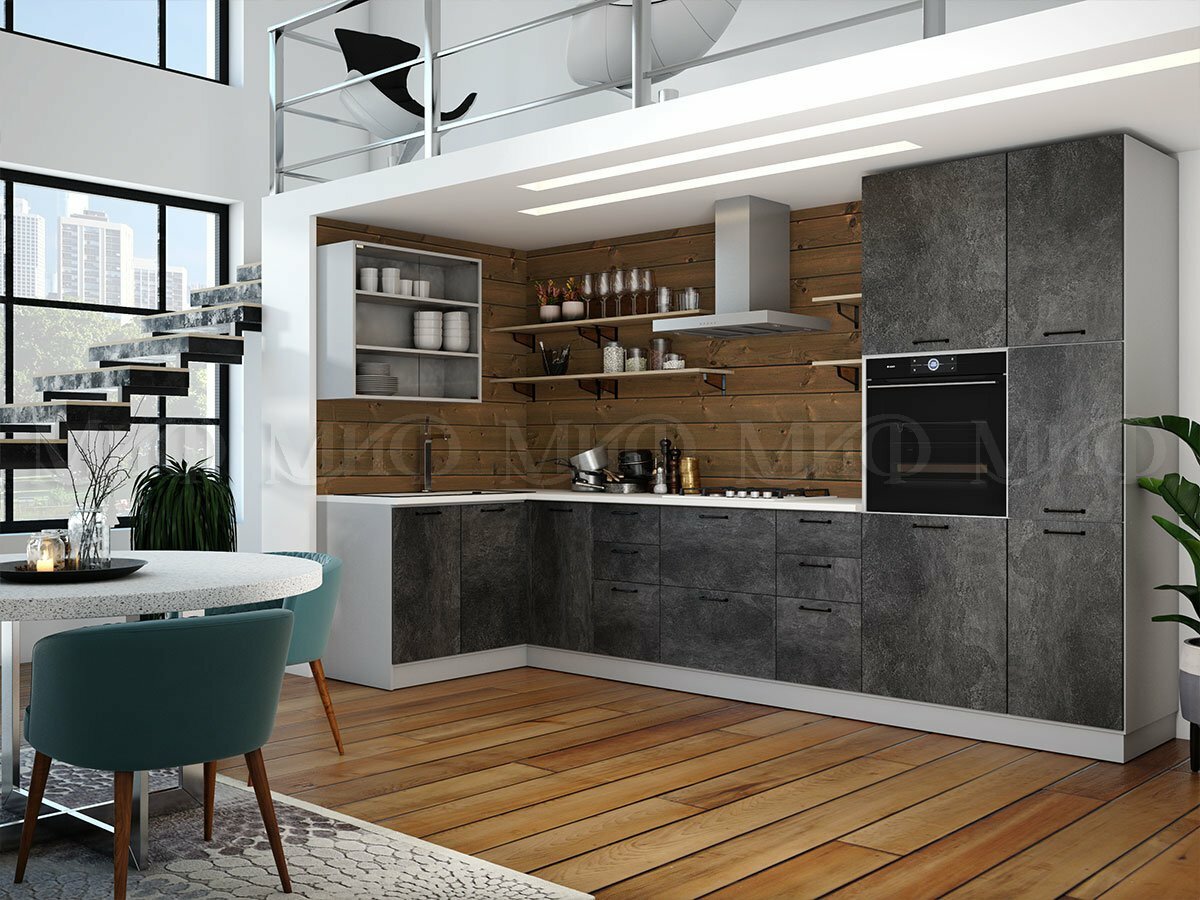 Кухня угловая Миф Техно 3,4х1,4м Бетон темный, столешница Кастилло