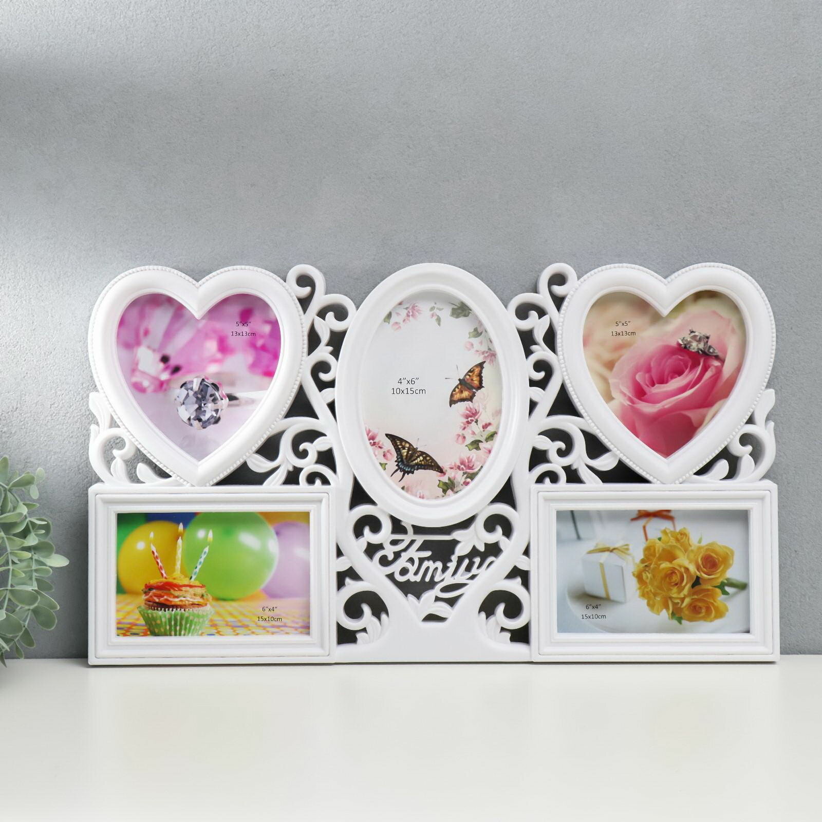 Фоторамка - коллаж на 5 фото 10x15, 13x13, 16x11 см "Семейное древо", пластик, мультирамка, белая, 48.5x28 см