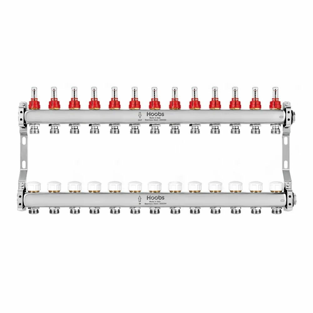 Коллектор для теплого пола на 13 контуров/выхода с термостатическими клапанами и расходомерами Hoobs