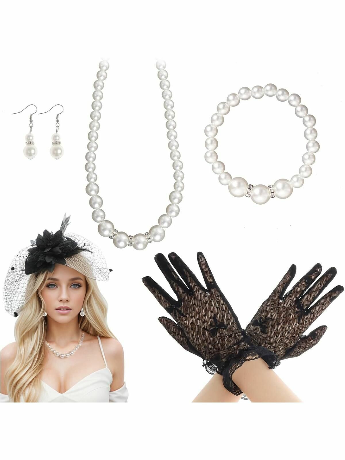 Винтажный набор шляпок и жемчужного ожерелья 1920-х годов, Черный