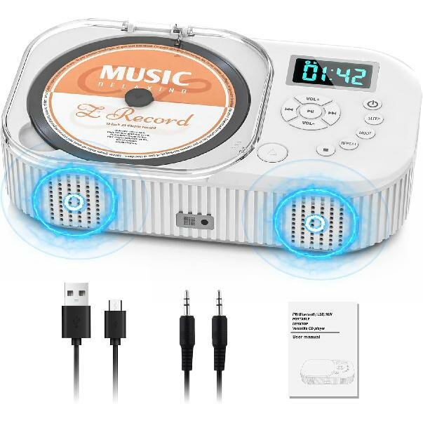 Портативный CD-плеер с аккумулятором 2000 мАч и Bluetooth, двойным динамиком, заряжаемый CD-плеер с FM-радио, поддержкой AUX/USB, разъемом для наушников и пультом дистанционного управления