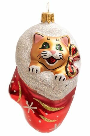 Стеклянная ёлочная игрушка рукавичка, красный, 80 мм, Елочка С960-кот-кр