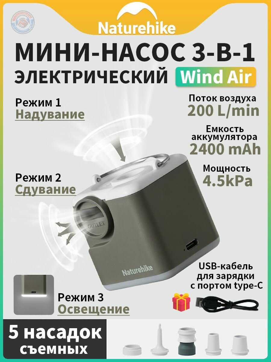 Насос для надувки матраса и лодки электрический компактный Naturehike Wind Air с высокой мощностью
