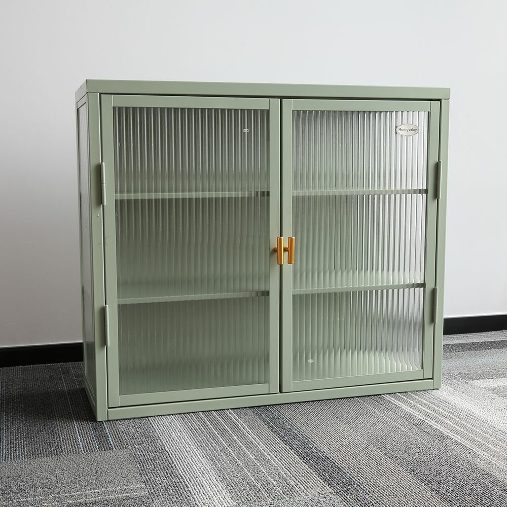 Homgoday: настенный шкаф с рифленым стеклом, 3 полки, светло зеленый