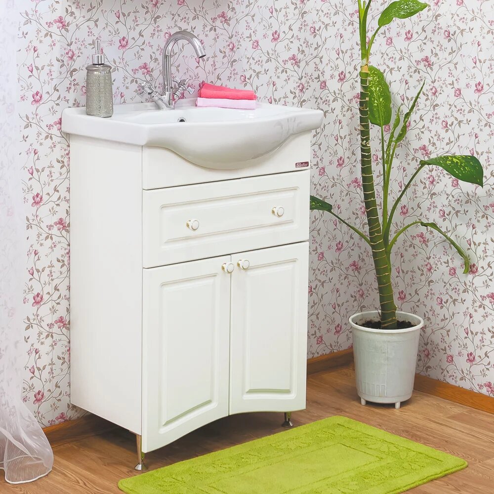 Тумба с раковиной Sanflor Софи 60 см, белая, матовая, из МДФ, с ящиками, с дверками, раковина для ванной фаянсовая, полукруглая, встроенный слив-перелив