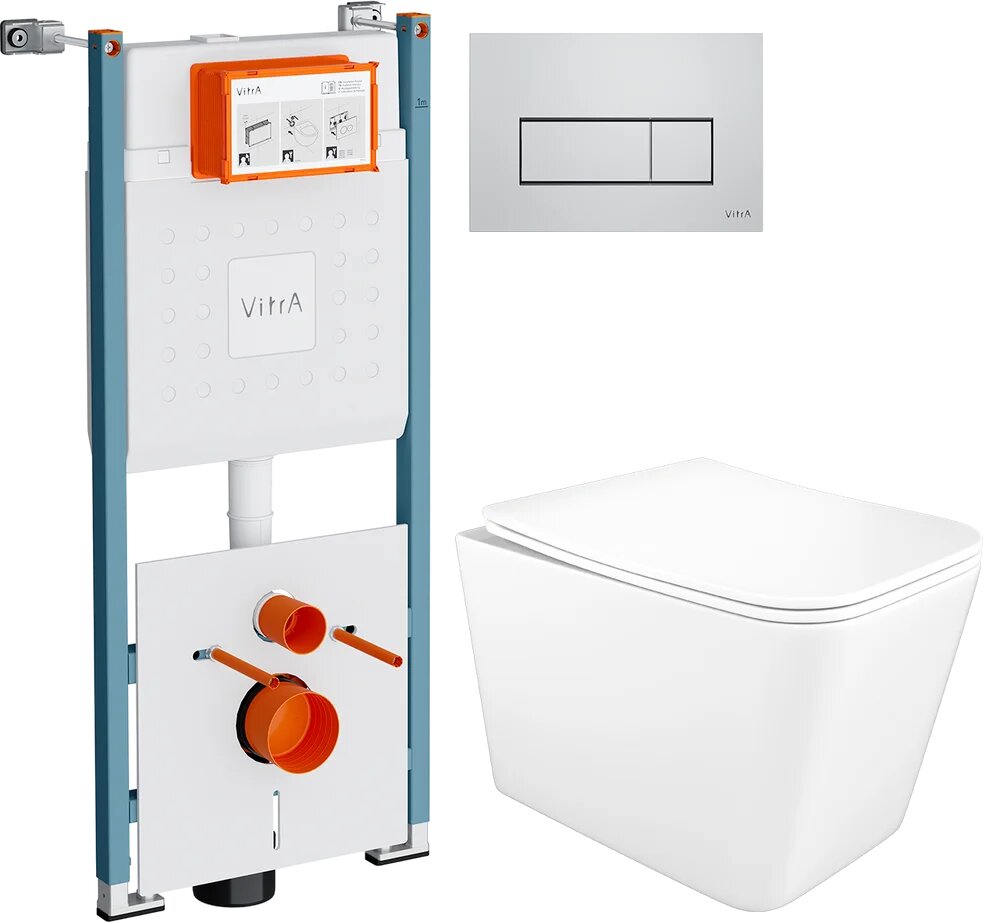 Комплект 3 в 1 Унитаз подвесной STWORKI Молде S23401WH безободковый, с микролифтом, антивсплеск / Инсталляция VitrA V-Fix Core 732-5800-01PV / Кнопка Root Square 740-2380 цвет хром