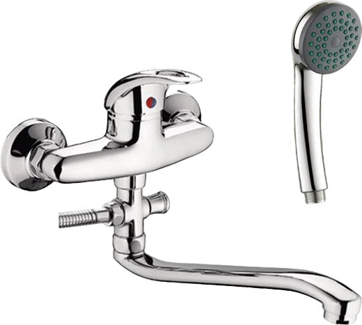 Смеситель с длинным изливом для ванны Ledeme L2102-B с душевым гарнитуром, поворотный, металлический, хром, глянцевый, смеситель для ванны с душем, рычажный