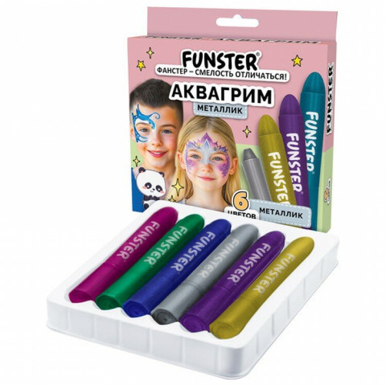 Аквагрим для лица и тела, 6 цветов металлик, FUNSTER (фанстер), легко смываются, 192574