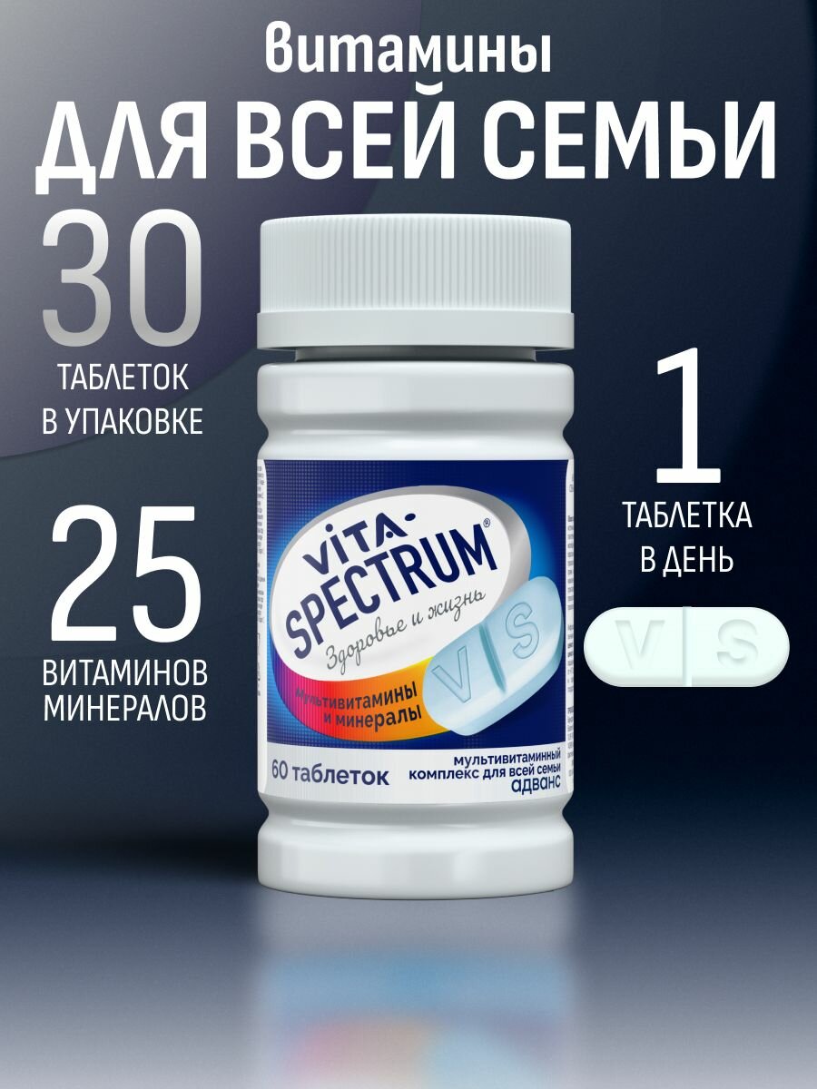 Комплекс витаминов для всей семьи VITASPECTRUM, витамины и минералы от А до цинка, 30 таблеток