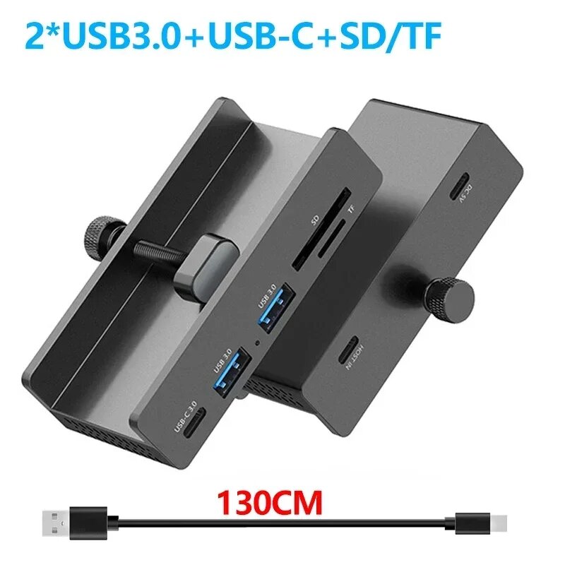 USB-хаб с кабелем 130см, 2*USB3.0, USB-C, SD/TF, черный