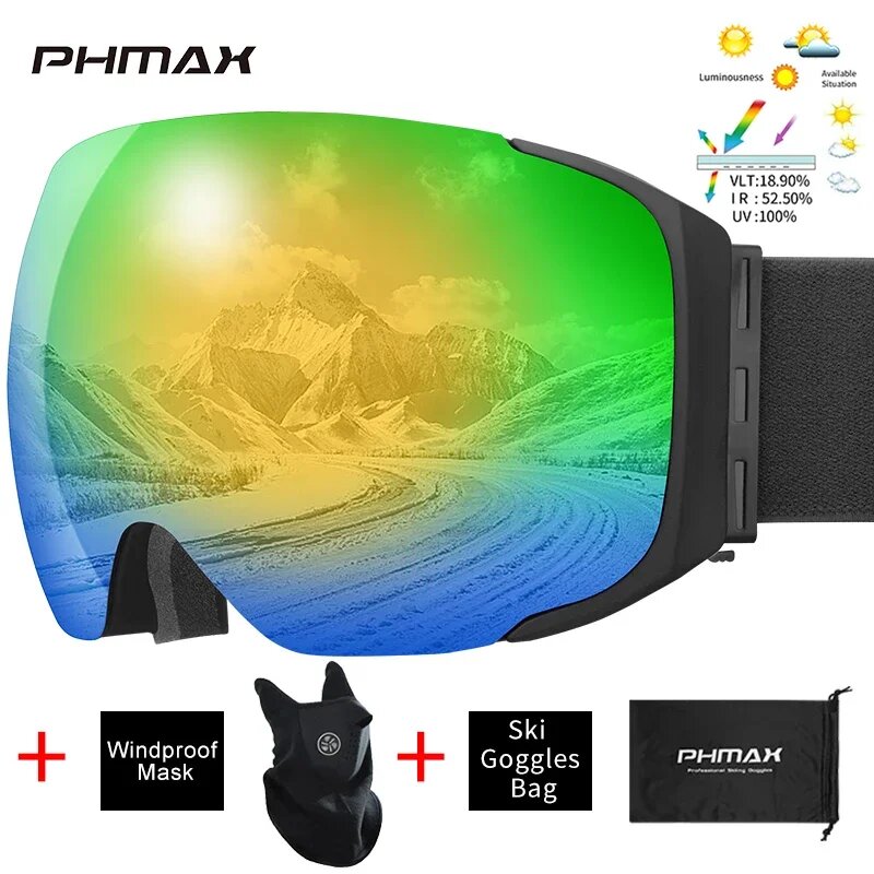 Лыжные очки PHMAX, очки для катания на лыжах/сноуборде для мужчин, женщин и молодежи, 100% защита от УФ лучей, лыжная маска, спортивные аксессуары, XJ-0303, Унисекс