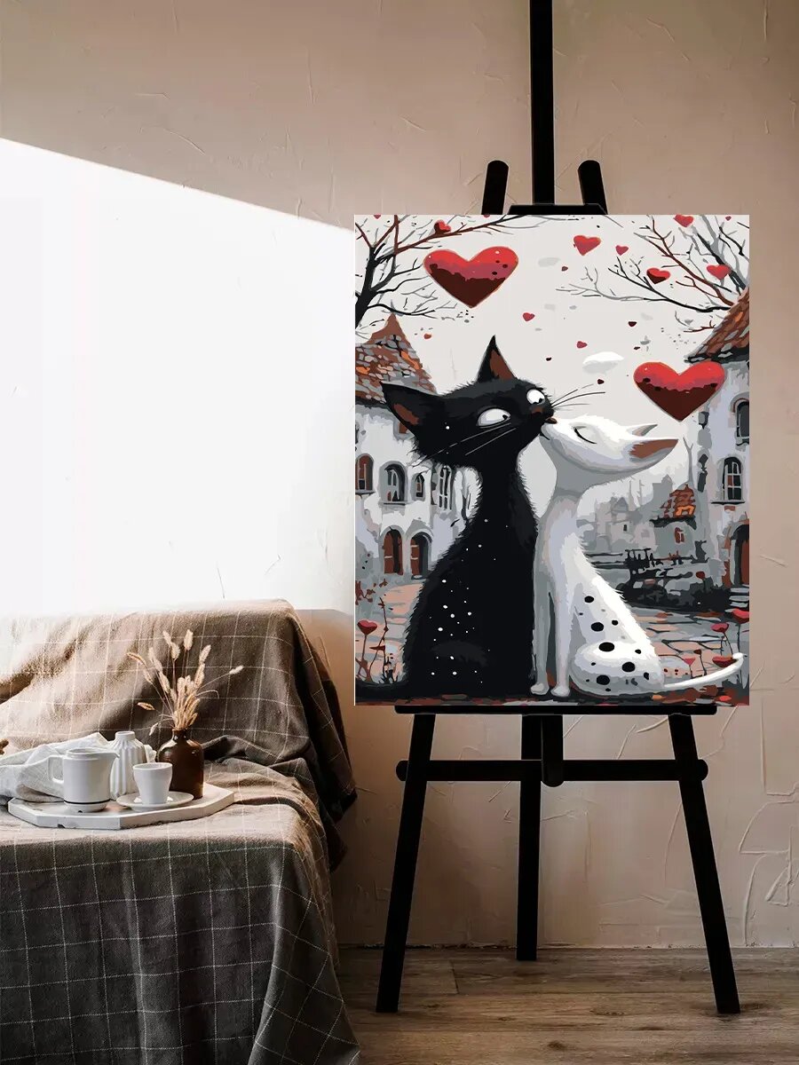 Картина по номерам Черный и Белый Кот Животные Любовь