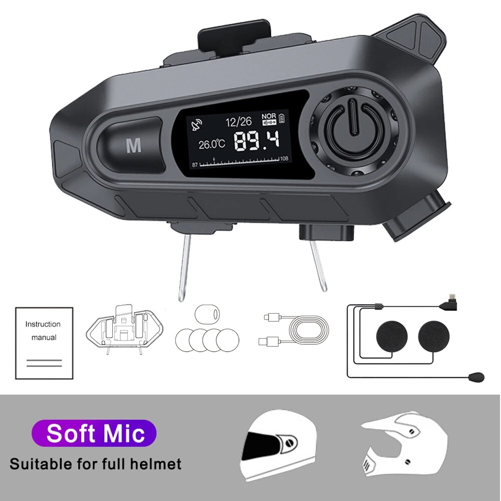 Гарнитура для мотоциклетного шлема BT5.3, беспроводная водонепроницаемая мотоциклетная гарнитура с функцией громкой связи и FM-радио, светодиодный дисплей для всадника, Soft Mic