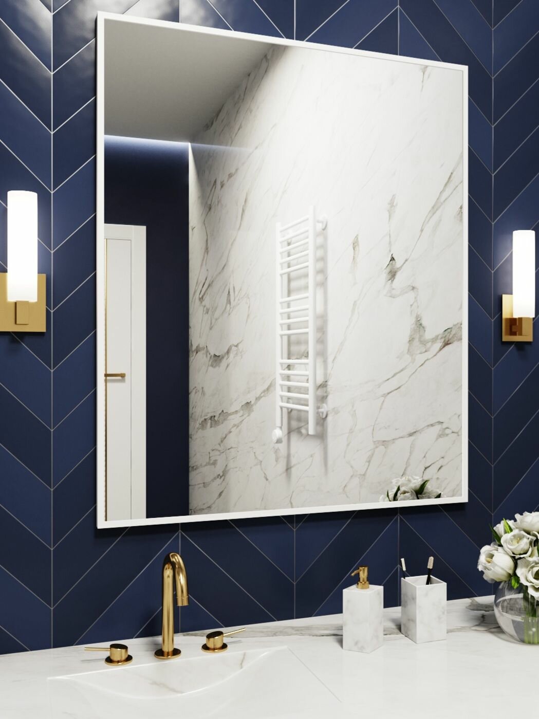 Зеркало настенное 90х70 см. ONE MARKET в ванную в алюминиевой раме, Белое