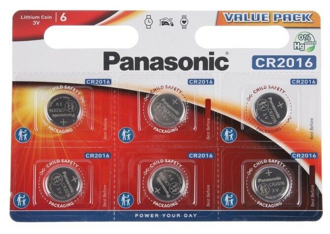 Panasonic Батарейка Panasonic Power Cells CR2016 B6, 6 шт на блистере