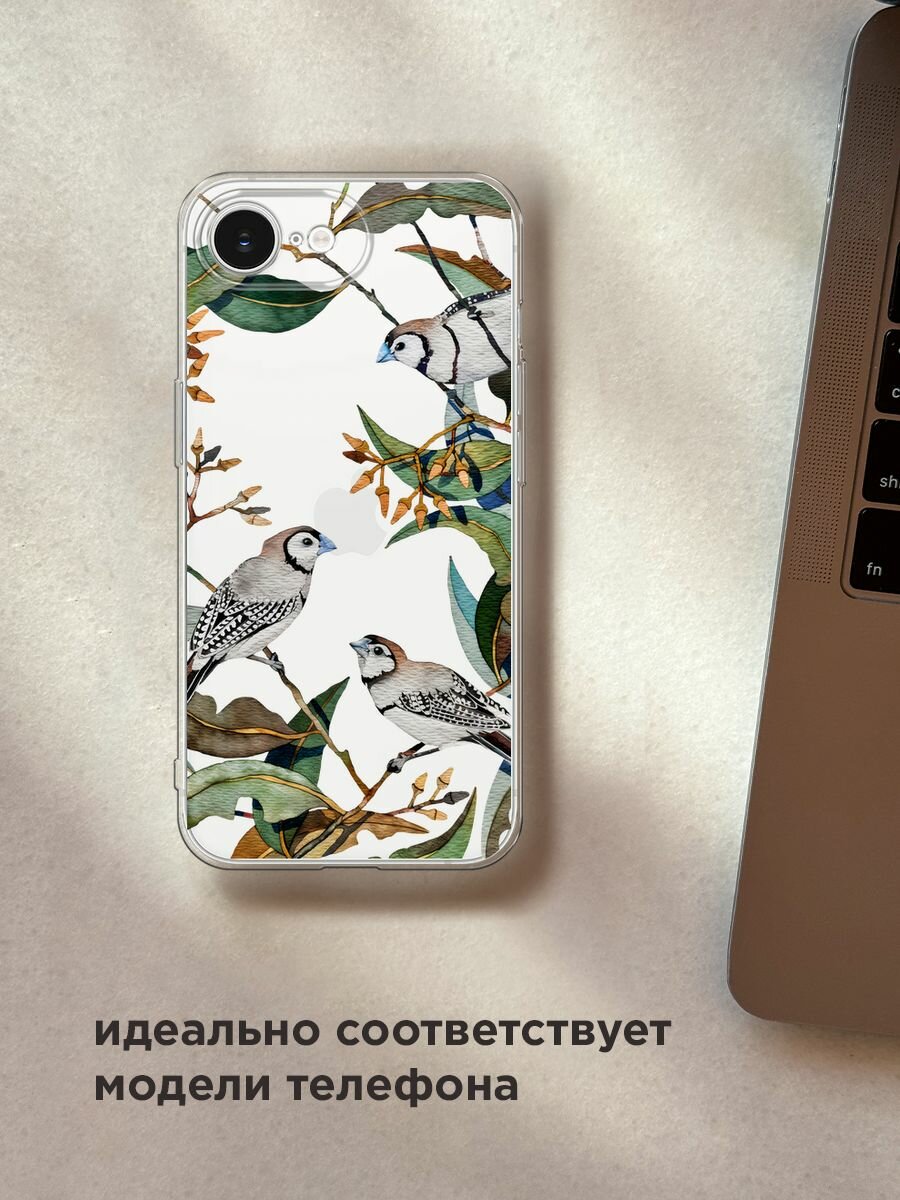 Чехол на Apple iPhone 16e/17e / Айфон 16е/17e с принтом "Птицы в листве", прозрачный — фото 1