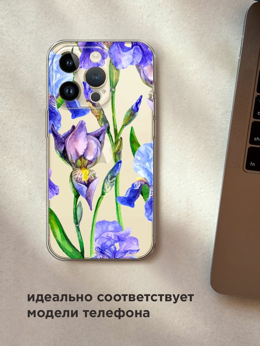 Чехол на Apple iPhone 14 Pro / Айфон 14 Про с принтом "Синие ирисы", прозрачный — фото 1