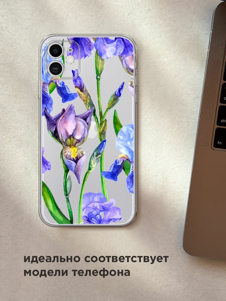 Чехол на Apple iPhone 11 / Айфон 11 с принтом "Синие ирисы", прозрачный — фото 1