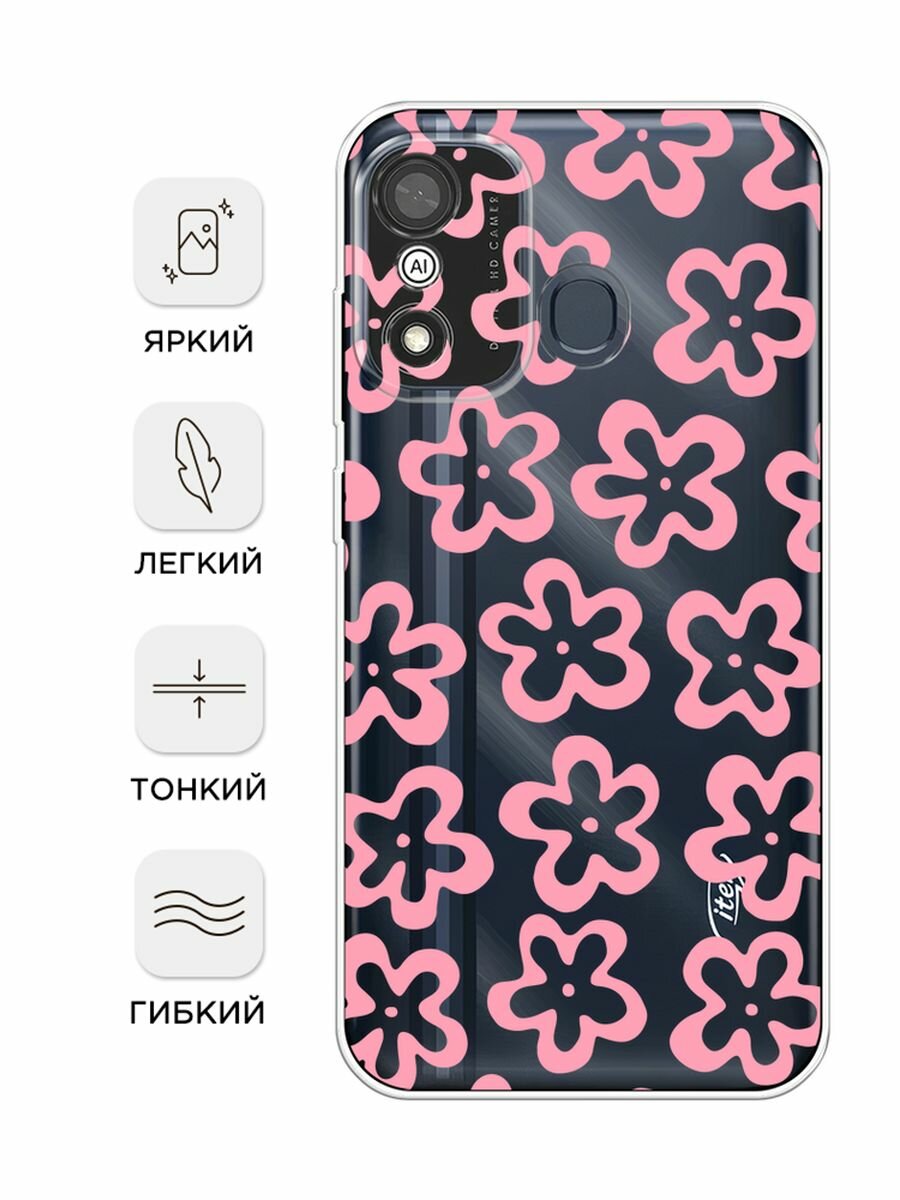Чехол на Itel A27 / Ител А27 с принтом "Простые розовые цветочки", прозрачный — фото 1