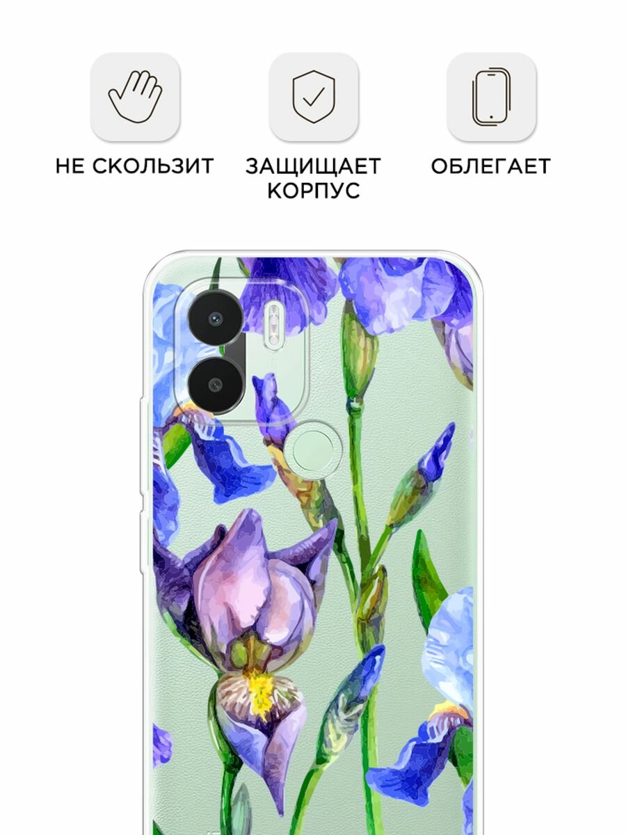 Чехол на Xiaomi Redmi A1+/Redmi A2+/Poco C51/C50 / Редми A1+ с принтом "Синие ирисы", прозрачный — фото 1