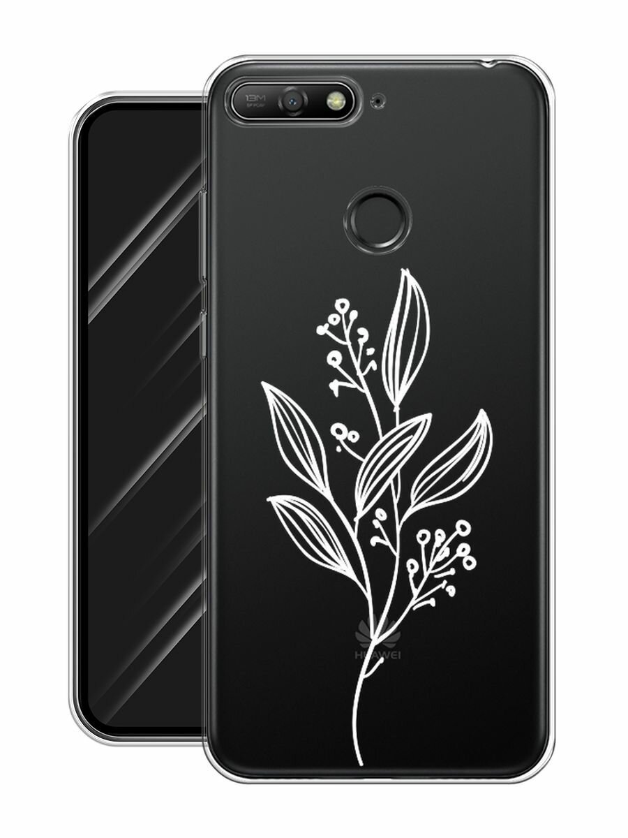 Чехол на Honor 7C/7A Pro/Huawei Y6 Prime 2018 / Хонор 7С/7А Про с принтом "Ветка с листочками и цветами", прозрачный — фото 1
