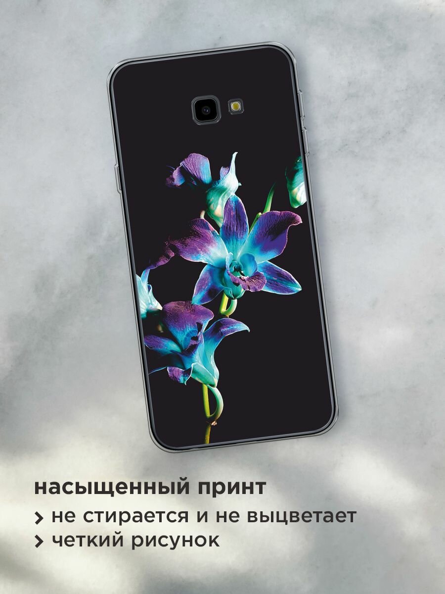 Чехол на Samsung Galaxy J4 Plus 2018 / Самсунг J4 Plus 2018 с принтом "Синий цветок на черном" — фото 1