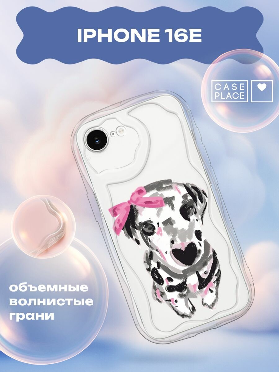 Чехол на iPhone 16e / Айфон 16е/17e с принтом "Далматинец с бантиком 3"