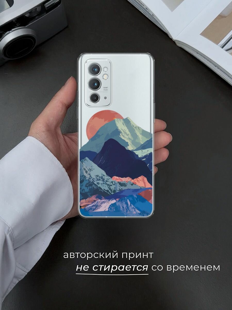 Чехол на OnePlus 9RT / ВанПлас 9RT с принтом "Закат в снежных горах", прозрачный — фото 1