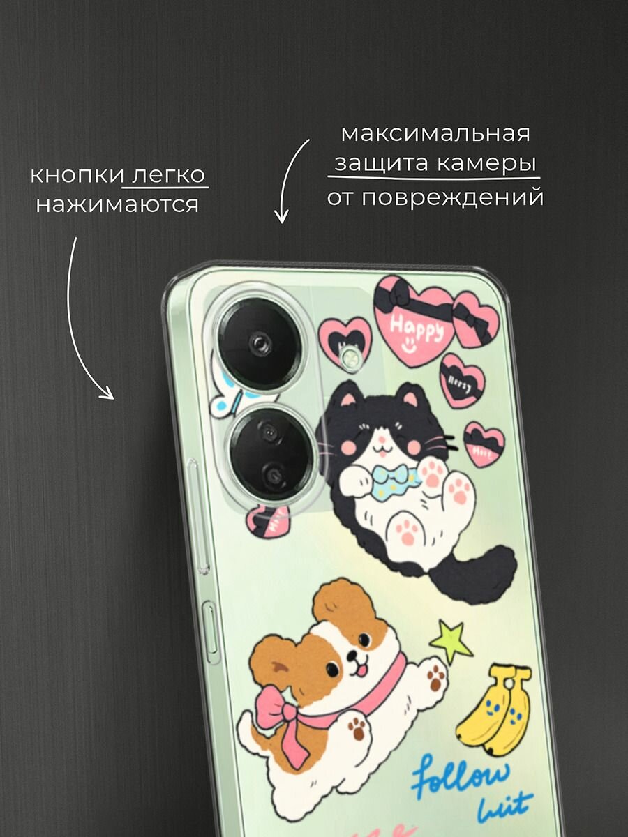 Чехол на Xiaomi Redmi 13C/Poco C65 / Сяоми Редми 13C/Поко С65 с принтом "Кудрявые животные", прозрачный — фото 1